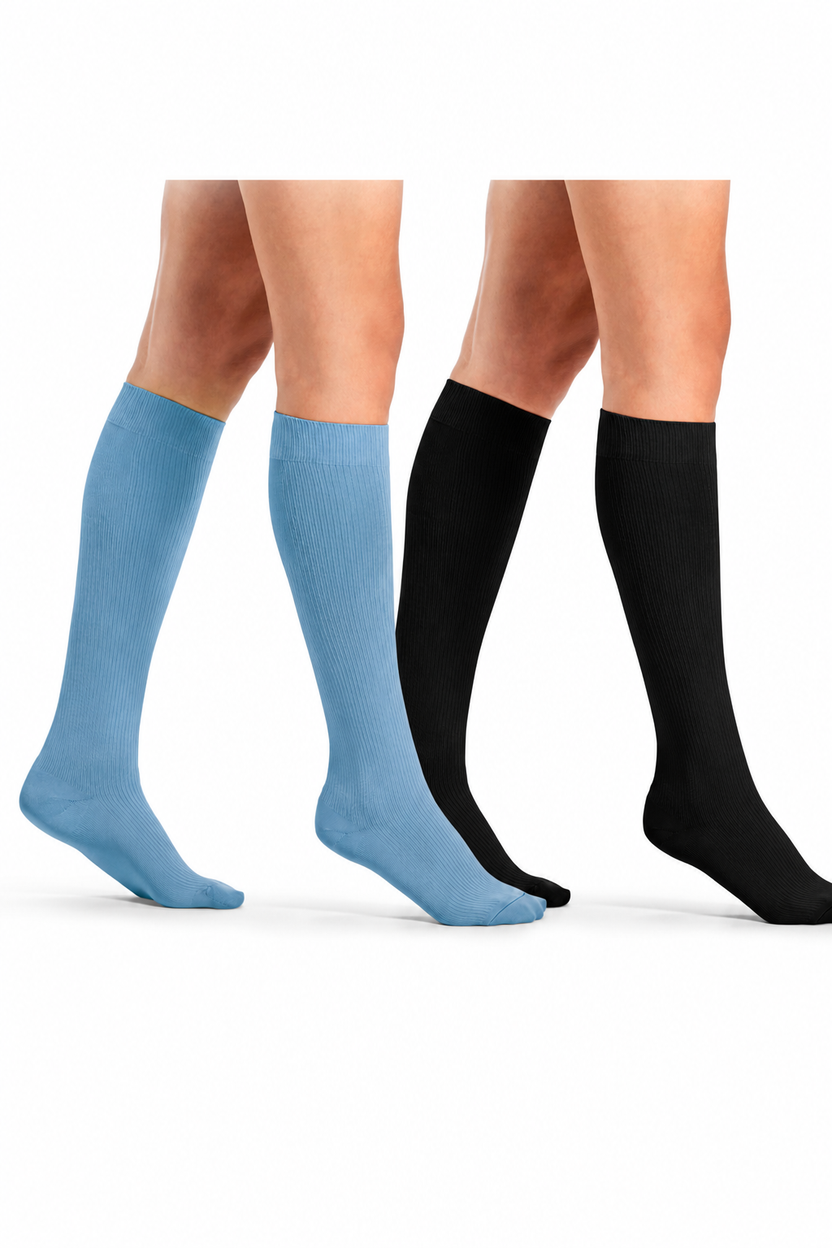 TRAVENO Reisestrümpfe light blue/black Doppelpack – Sigvaris